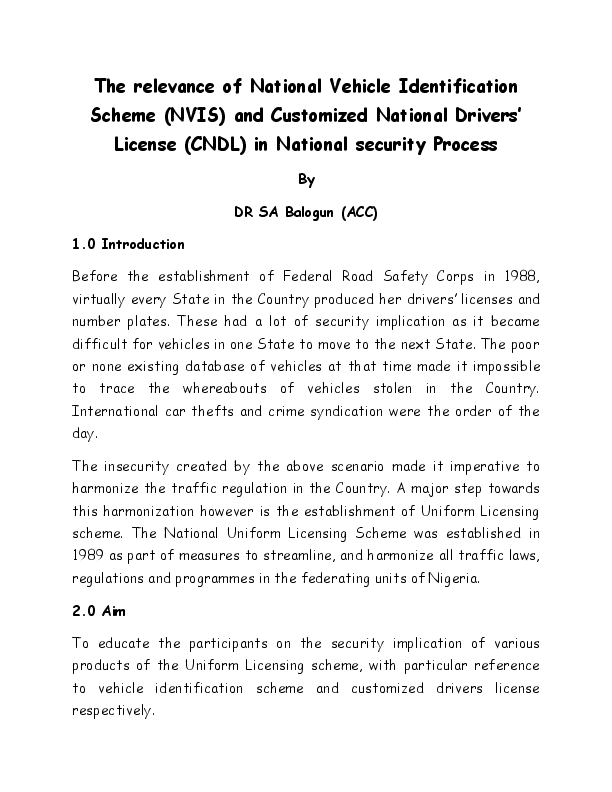 (DOC) The relevance of National Vehicle Identification Scheme (NVIS ...