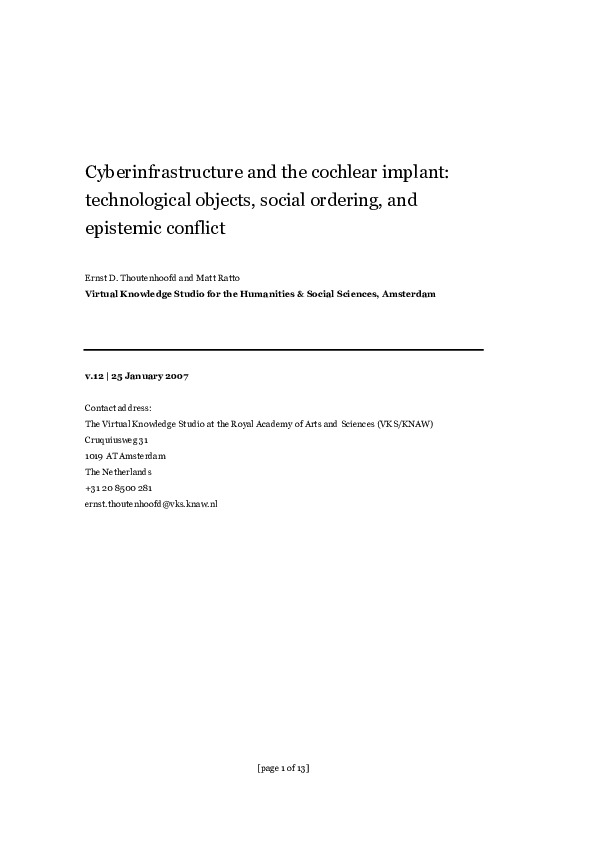 (PDF) Cyberinfrastructure and the cochlear implant: technological objects, social ordering, and ...