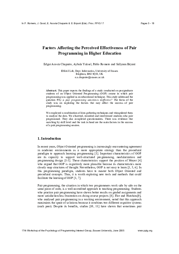 (PDF) Factors Affecting the Perceived Effectiveness of Pair Programming in Higher Education