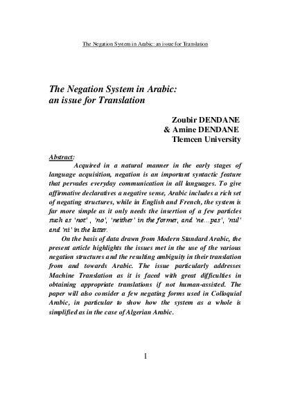 Pdf The Negation System In Arabic An Issue For Translation
