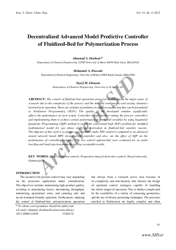 (PDF) Decentralized Advanced Model Predictive Controller of Fluidized-Bed for Polymerization Process