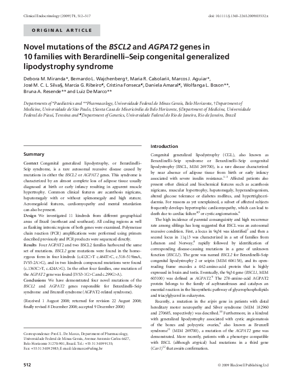 (PDF) Novel mutations of the BSCL2 and AGPAT2 genes in 10 families with ...