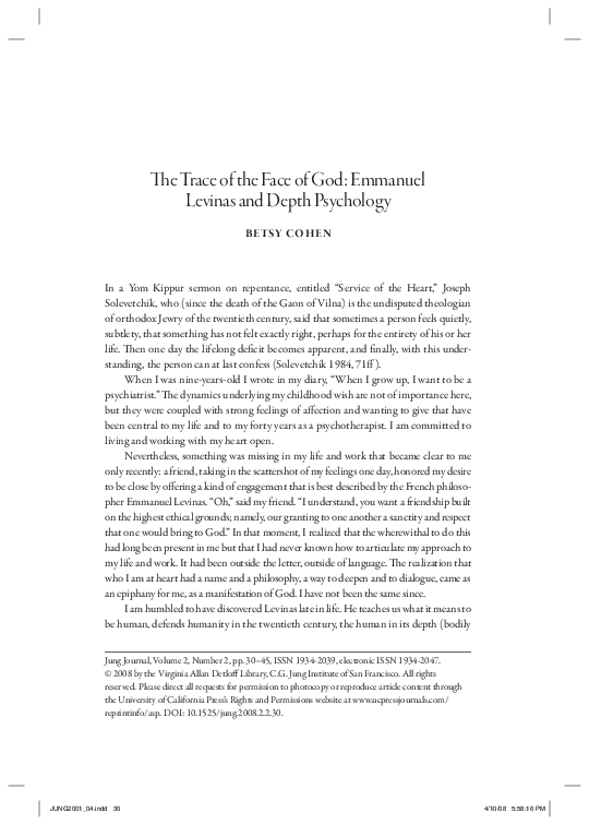 (PDF) The Trace of the Face of God: Emmanuel Levinas and Depth Psychology