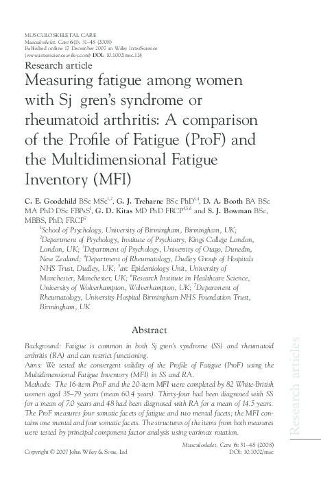 (PDF) Measuring fatigue among women with Sjögren's syndrome or ...