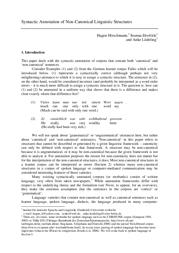 (PDF) Syntactic Annotation of Non-Canonical Linguistic Structures