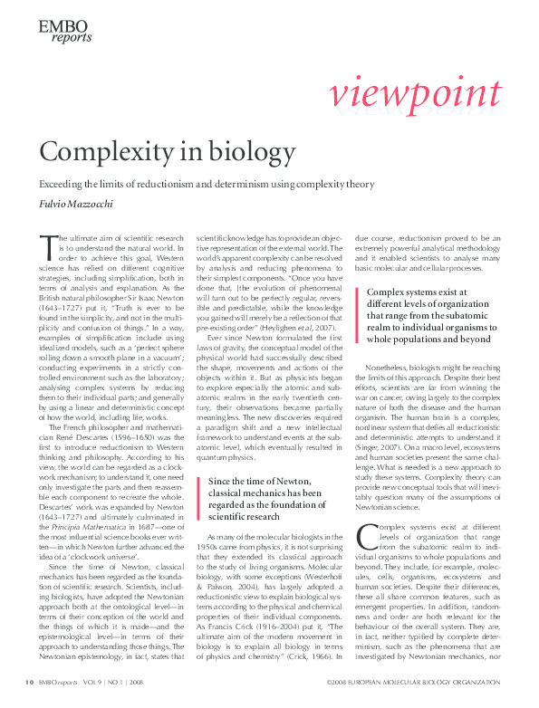 (PDF) Complexity in biology. Exceeding the limits of reductionism and ...