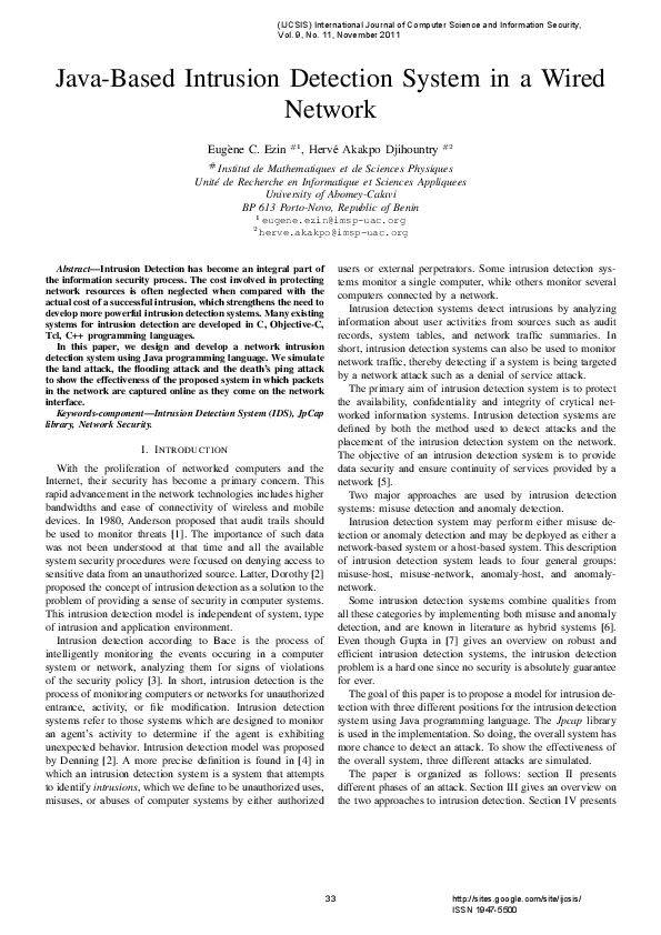 Pdf Java Based Intrusion Detection System In A Wired Network