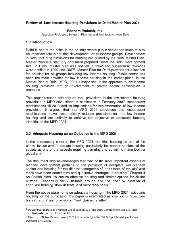 (DOC) Review of Low Income Housing Provisions in Delhi Master Plan 2021