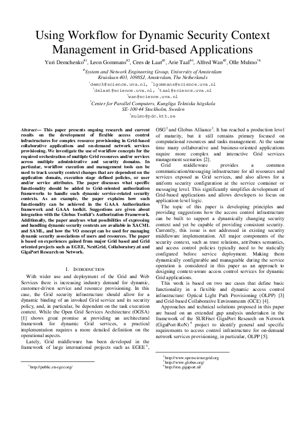 (PDF) Using Workflow for Dynamic Security Context Management in Grid-based Applications