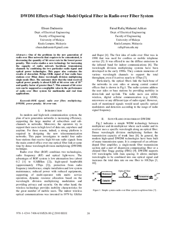 (PDF) DWDM effects of single model optical fiber in radio over fiber system