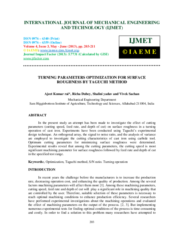 Pdf Turning Parameters Optimization For Surface Roughness By Taguchi