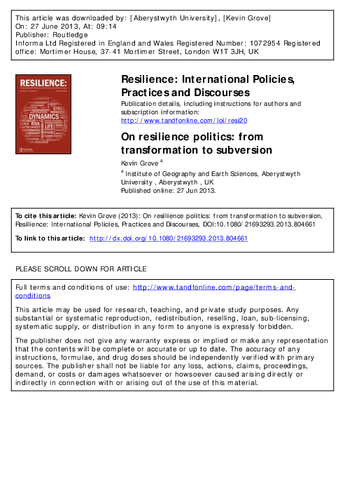 (PDF) On Resilience Politics: From Transformation to Subversion