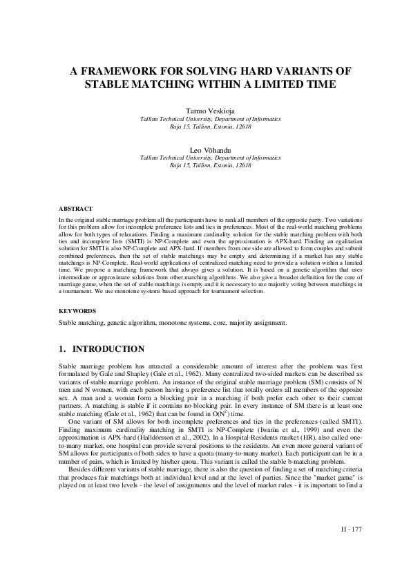 (PDF) A FRAMEWORK FOR SOLVING HARD VARIANTS OF STABLE MATCHING WITHIN A LIMITED TIME