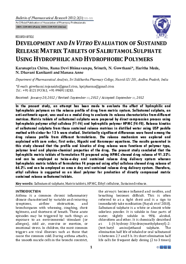 Pdf Development And In Vitro Evaluation Of Sustained Release Matrix Tablets Of Salbutamol