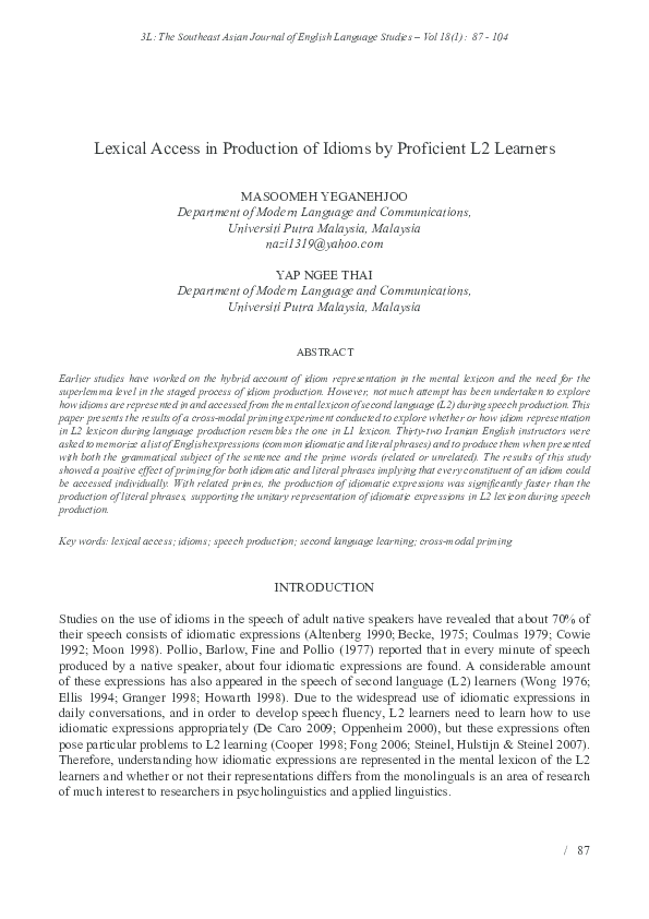 Lexical Access in Production of Idioms by Proficient L2 Learners