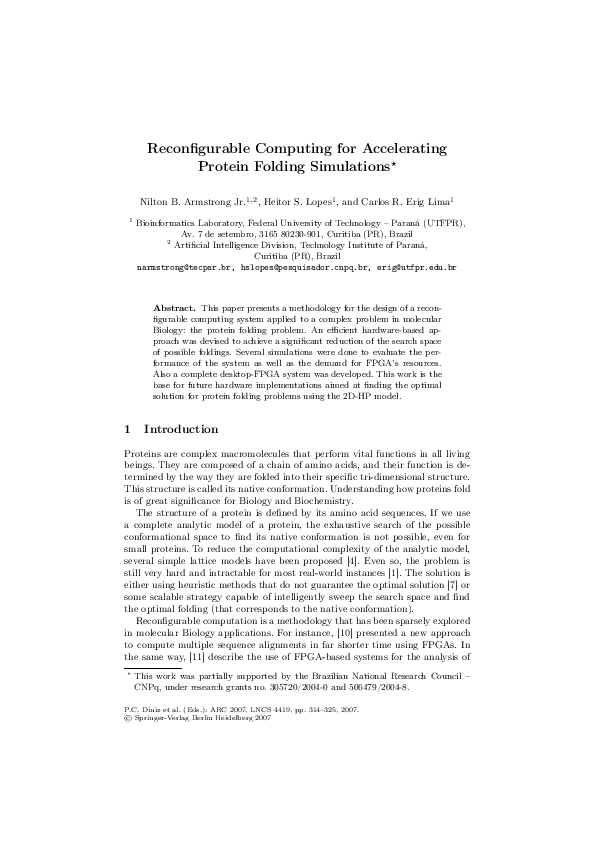 (PDF) Reconfigurable computing for accelerating protein folding simulations