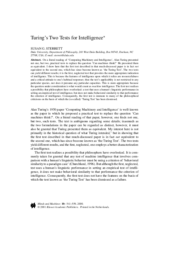 (PDF) Turing's Two Tests for Intelligence