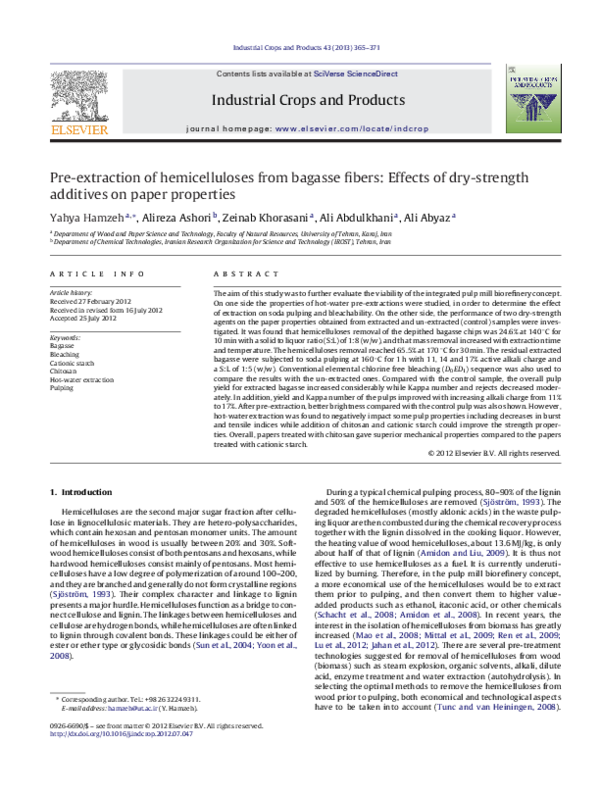 (PDF) Pre-extraction of hemicelluloses from bagasse ﬁbers: Effects of ...
