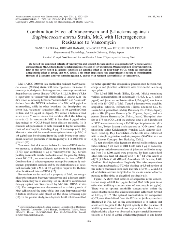 (PDF) Combination Effect of Vancomycin and -Lactams against a ...