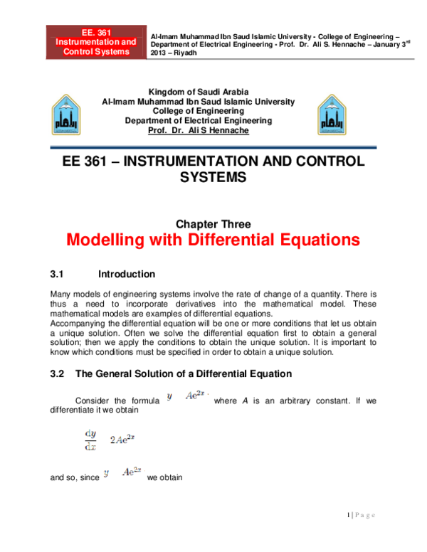 (PDF) EE. 361 INSTRMENTATION & CONTROL SYSTEMS / Chapt. 3 Modelling ...