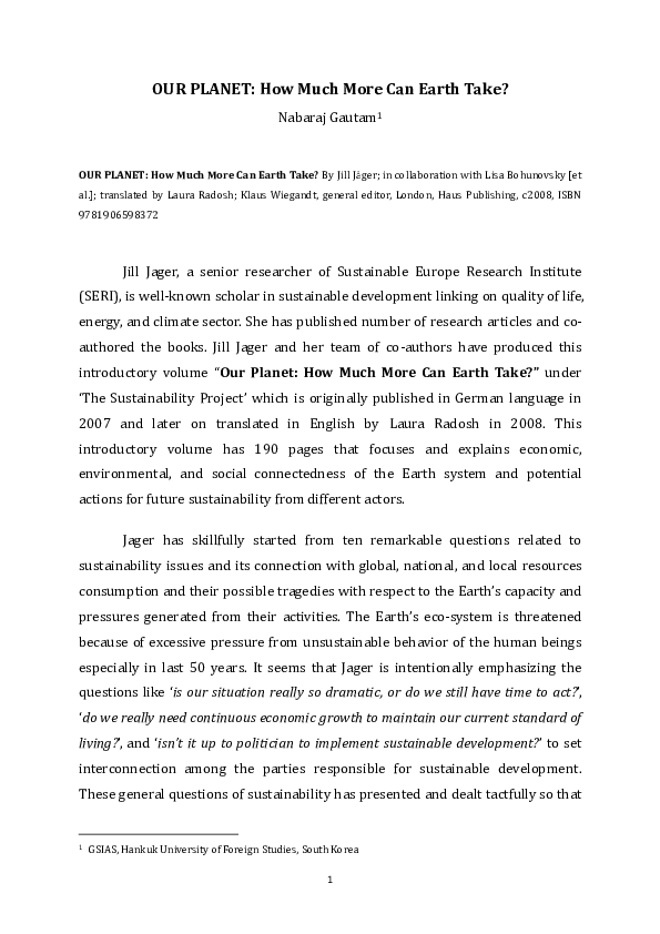 (PDF) Book Review of Jill Jäger's OUR PLANET: How Much More Can Earth Take?