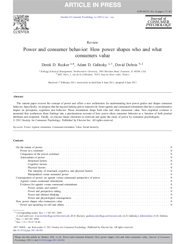 (PDF) Power and consumer behavior: How power shapes who and what ...