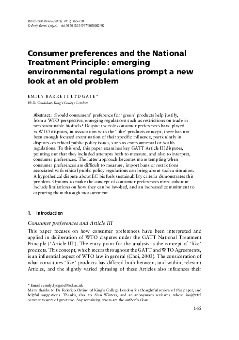 (PDF) Consumer preferences and the National Treatment Principle ...
