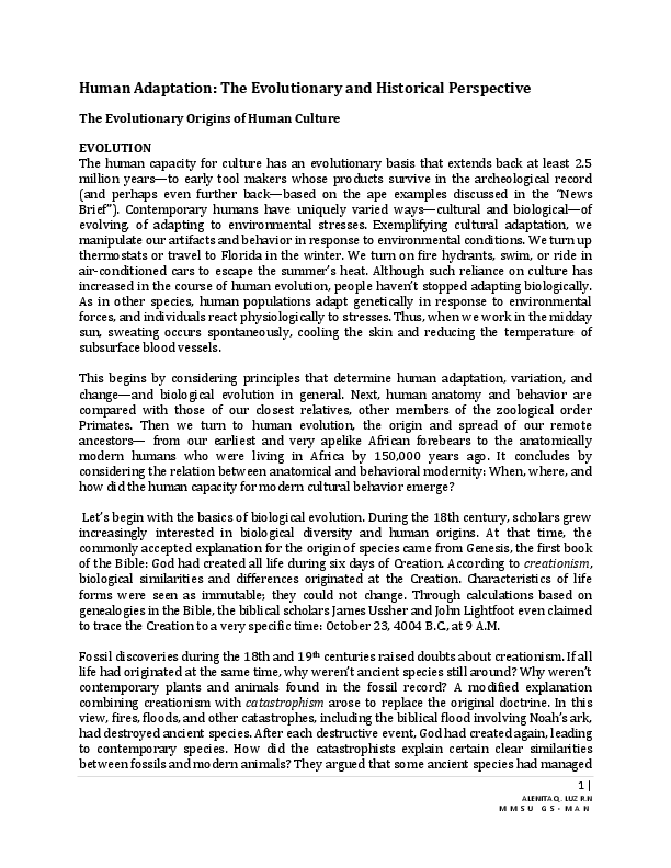 (DOC) Human Adaptation The Evolutionary and Historical Perspective