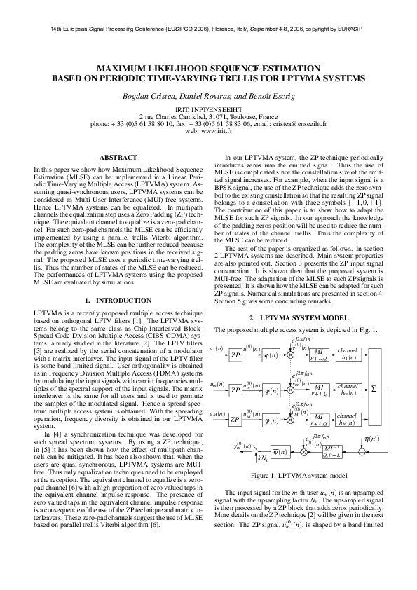 Pdf Maximum Likelihood Sequence Estimation Based On Periodic Time Varying Trellis For Lptvma