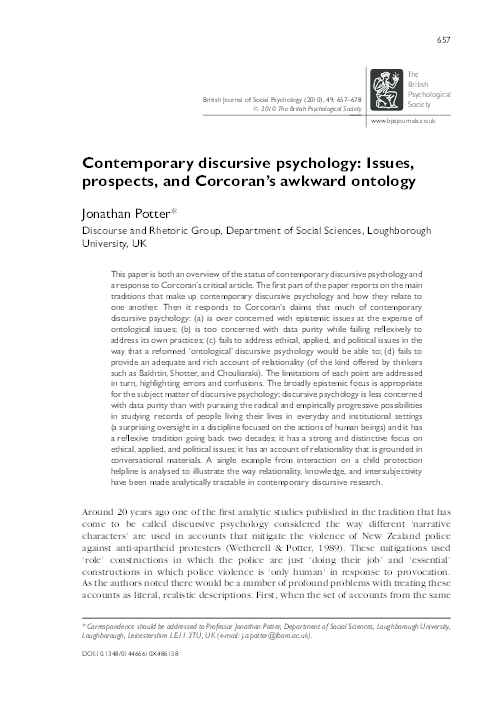 (PDF) Potter, J. (2010). Contemporary discursive psychology: Issues ...