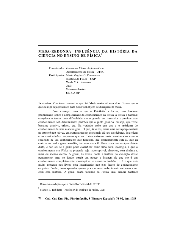 (PDF) Mesa-redonda: influência da história da ciência no ensino de física