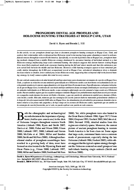 (PDF) Pronghorn Dental Age Profiles and Holocene Hunting Strategies at ...