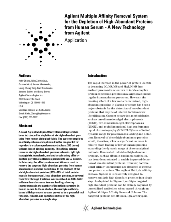 (PDF) Agilent Multiple Affinity Removal System for the Depletion of ...