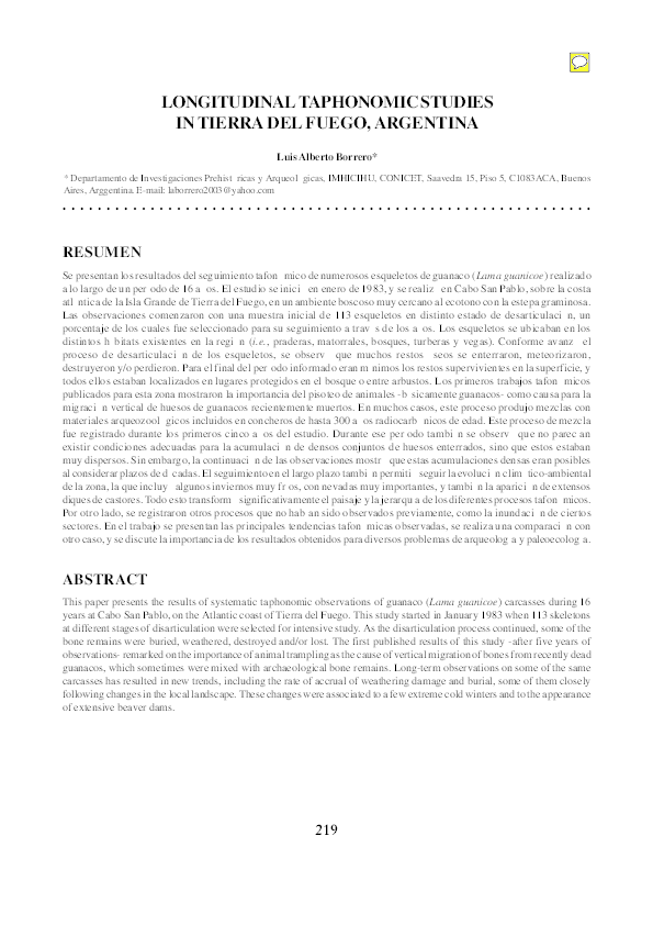 (PDF) LONGITUDINAL TAPHONOMIC STUDIES IN TIERRA DEL FUEGO, ARGENTINA
