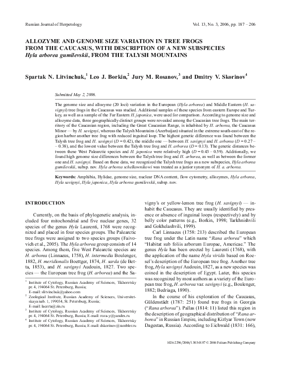 (PDF) ALLOZYME AND GENOME SIZE VARIATION IN TREE FROGS FROM THE ...