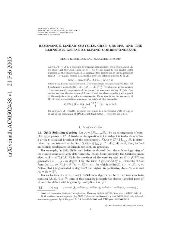 Pdf Resonance Linear Syzygies Chen Groups And The Bernstein Gelfand Gelfand Correspondence