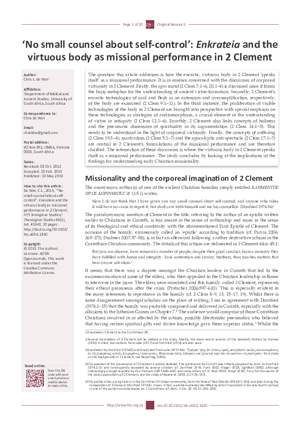 (PDF) 'No Small Counsel about Self-Control': Enkrateia and the Virtuous ...