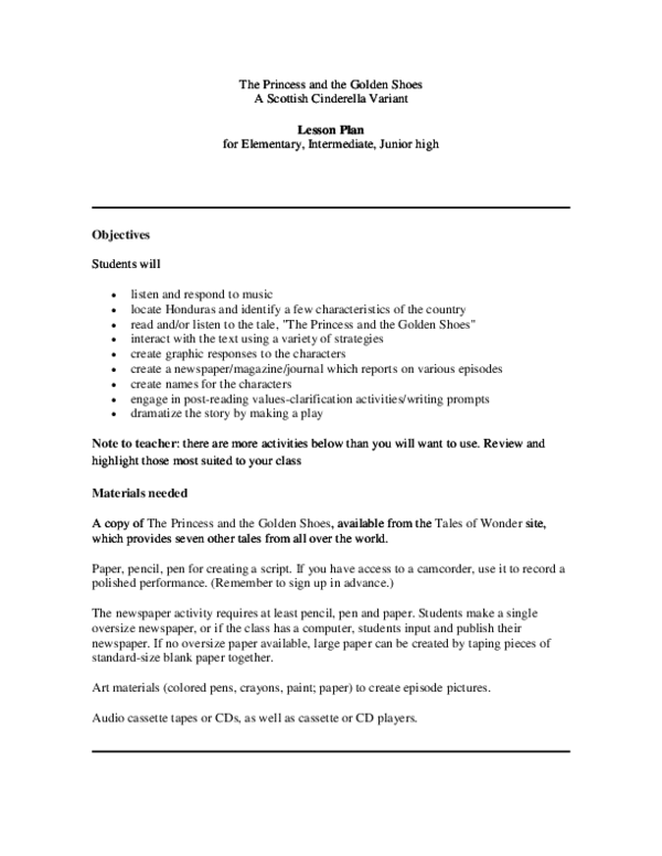 (DOC) The Princess and the Golden Shoes lesson plan