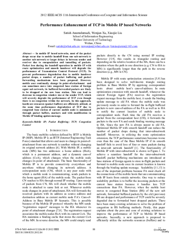 Pdf Performance Enhancement Of Tcp In Mobile Ip Based Networks