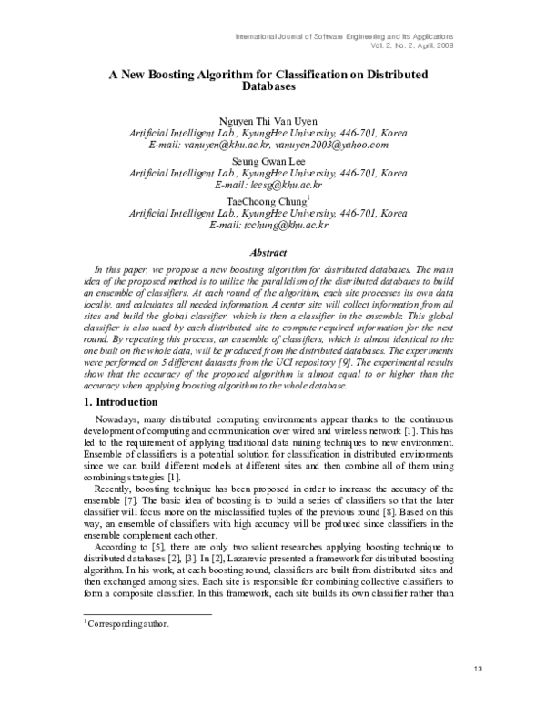 Pdf A New Boosting Algorithm For Classification On Distributed Databases 6370