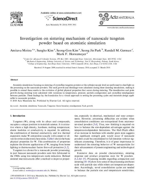 (PDF) Investigation on sintering mechanism of nanoscale tungsten powder based on atomistic ...