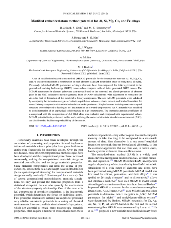Pdf Physical Review B 85 245102 2012 Modified Embedded Atom Method Potential For Al Si Mg