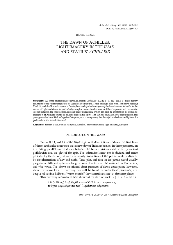 (PDF) The dawn of Achilles. Light imagery in the Iliad and Statius ...