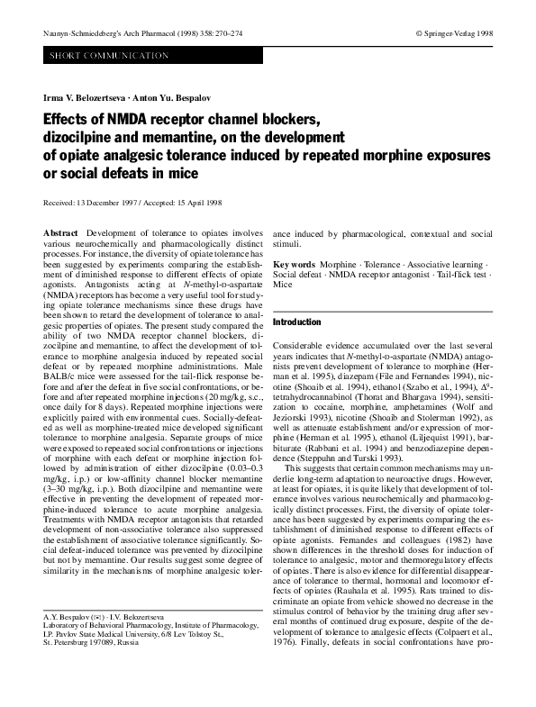 (PDF) Effects of NMDA receptor channel blockers, dizocilpine and ...