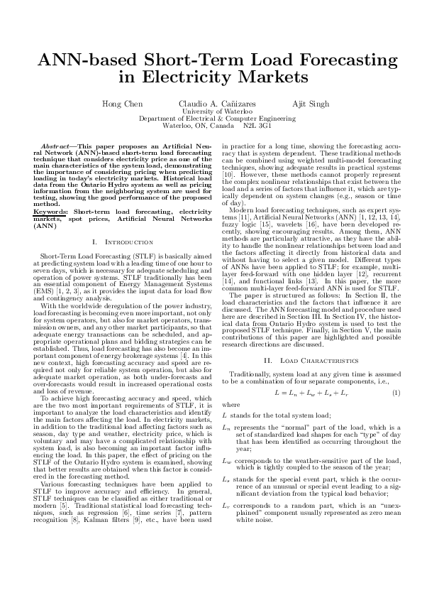 Pdf Ann Based Short Term Load Forecasting In Electricity Markets