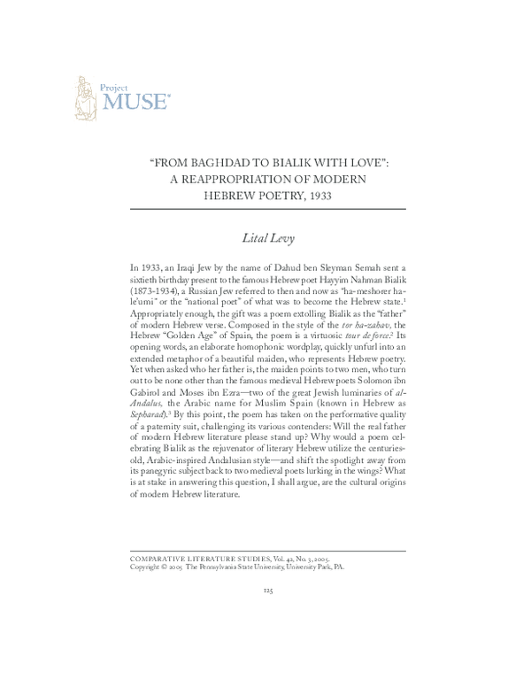 (PDF) From Baghdad to Bialik with Love": A Reappropriation of Modern ...