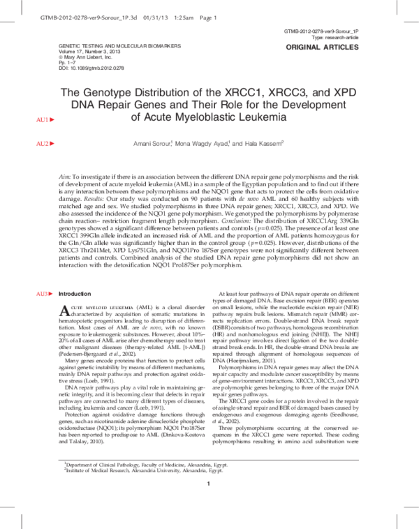(PDF) The Genotype Distribution of the XRCC1, XRCC3, and XPD DNA Repair ...