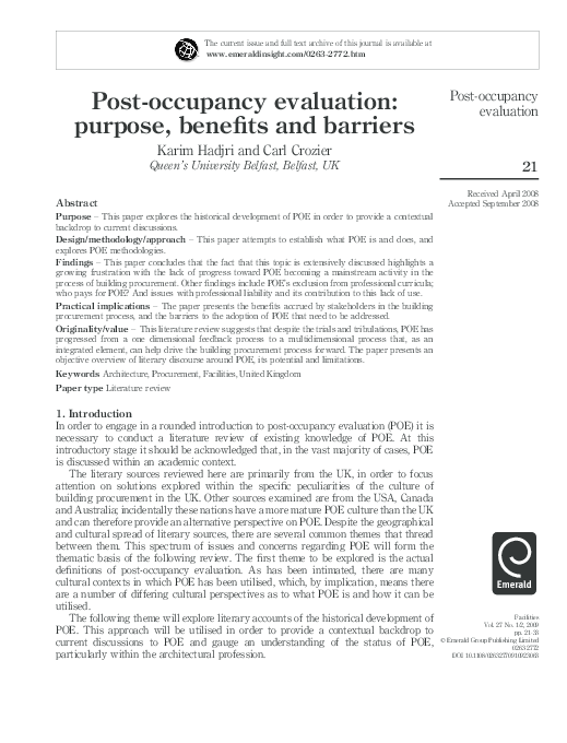(PDF) Post-occupancy evaluation: purpose, benefits and barriers