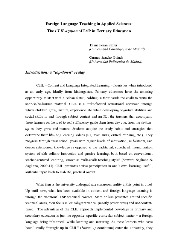 (DOC) Foreign Language Teaching in Applied Sciences: The CLIL-ization of LSP in Tertiary Education