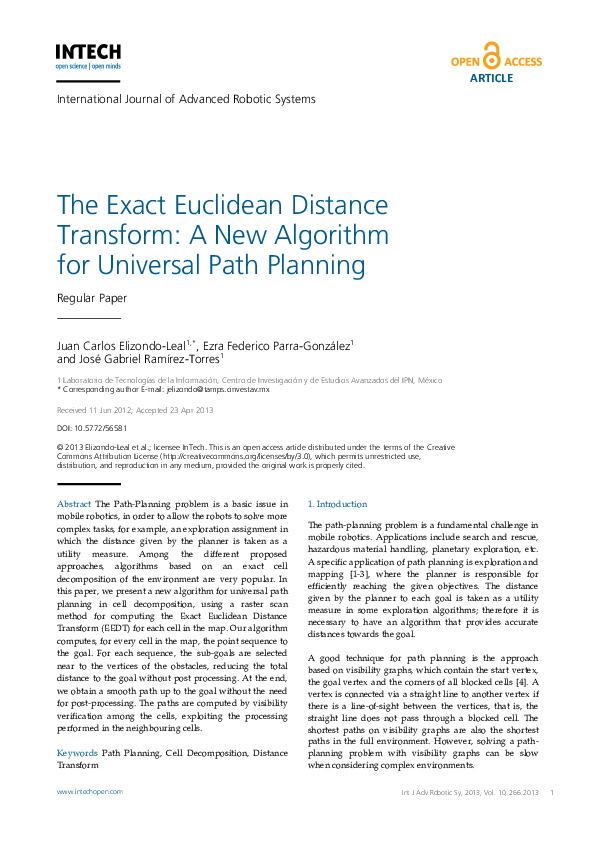 Pdf The Exact Euclidean Distance Transform A New Algorithm For Universal Path Planning